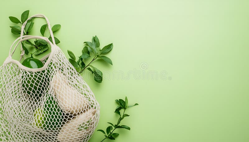 Fishnet Bag with Different Items and Green Twig on Color Background ...