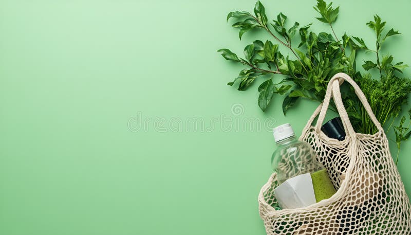 Fishnet Bag with Different Items and Green Twig on Color Background ...