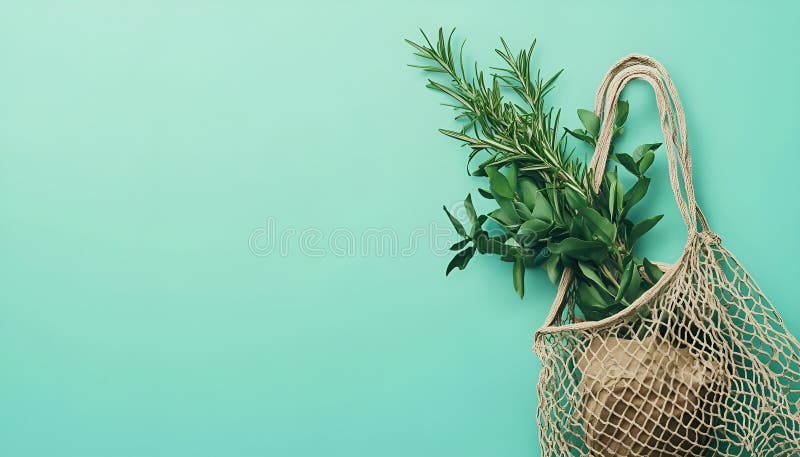 Fishnet Bag with Different Items and Green Twig on Color Background ...