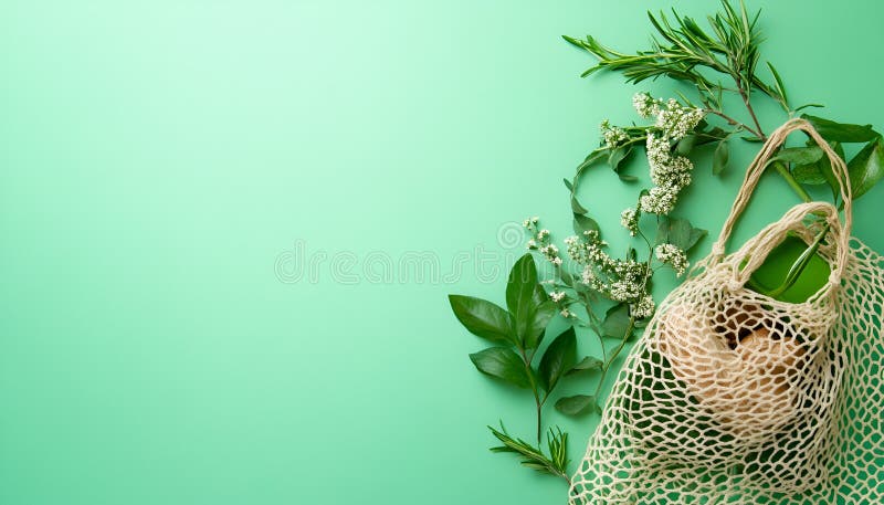 Fishnet Bag with Different Items and Green Twig on Color Background ...