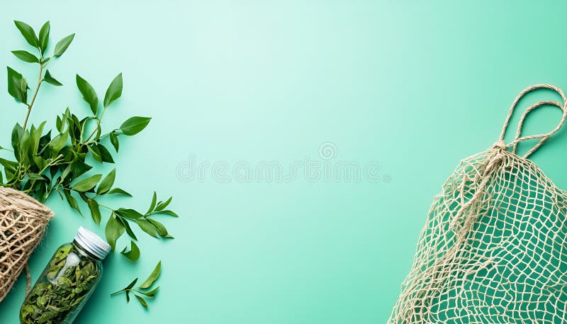 Fishnet Bag with Different Items and Green Twig on Color Background ...
