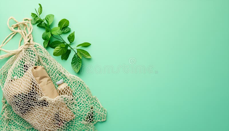 Fishnet Bag with Different Items and Green Twig on Color Background ...
