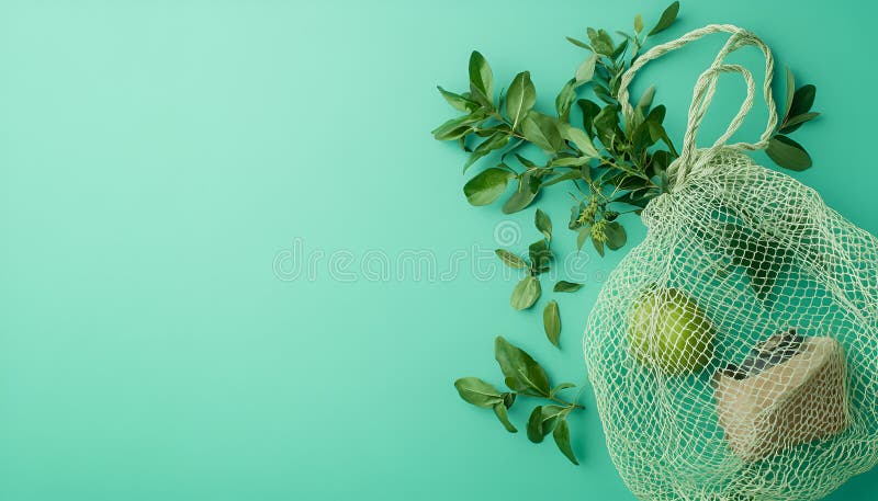 Fishnet Bag with Different Items and Green Twig on Color Background ...