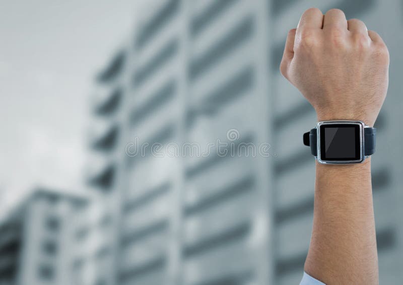Fist in Air with Watch Against Blurry Building Stock Illustration ...