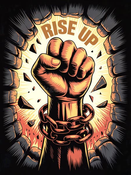 Un Puño Rompiendo Cadenas Y Emergiendo De La Roca Con Texto 'RISE UP ...