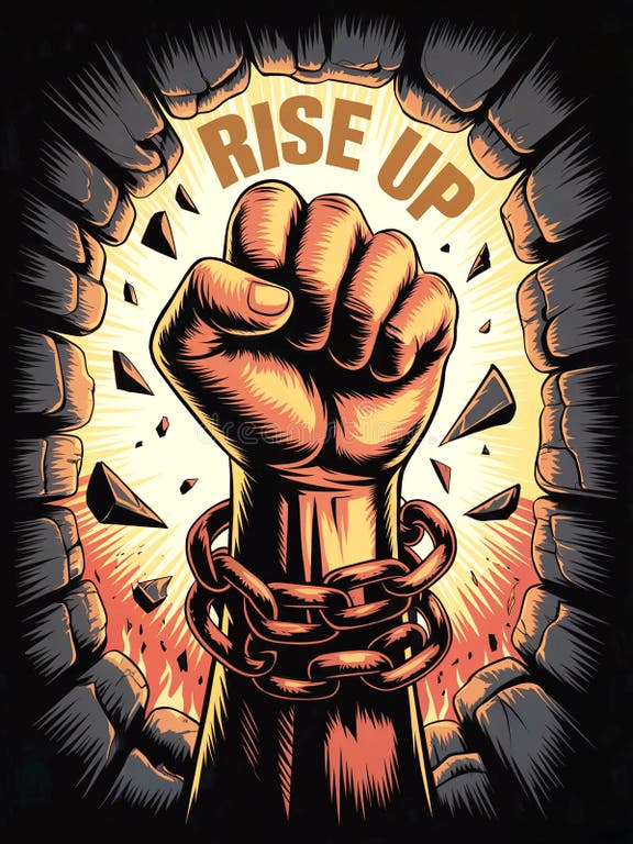 Un Puño Rompiendo Cadenas Y Emergiendo De La Roca Con Texto 'RISE UP ...