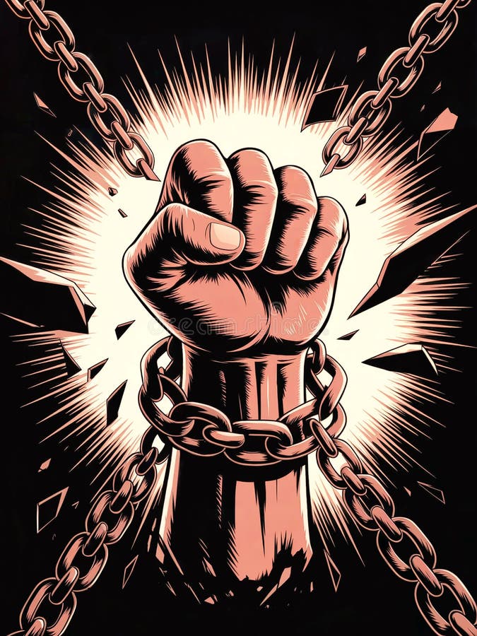 Fist Breaking Free from Chains with Explosive Light and Shards Stock ...