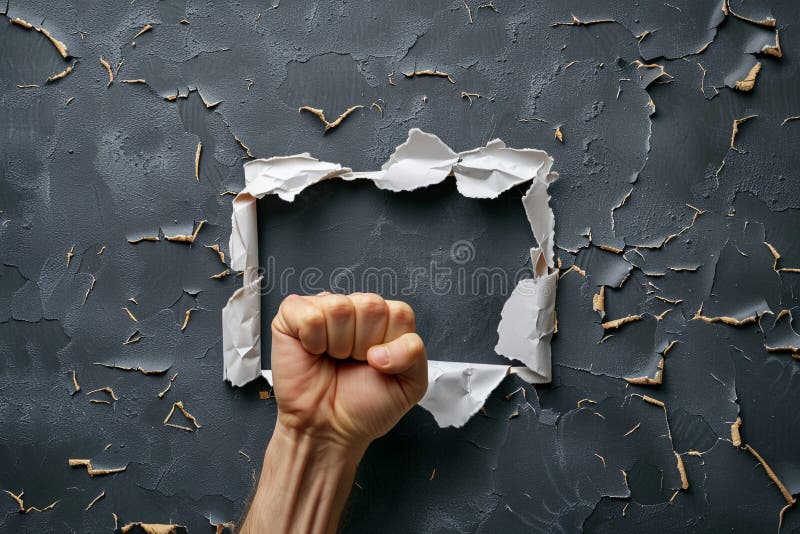A Fist Breaks through Torn Paper on a Cracked Dark Gray Background a ...