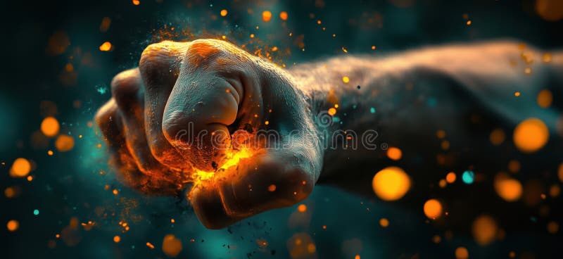 Fist Clenching with Explosive Energy and Colorful Sparks in Dark ...