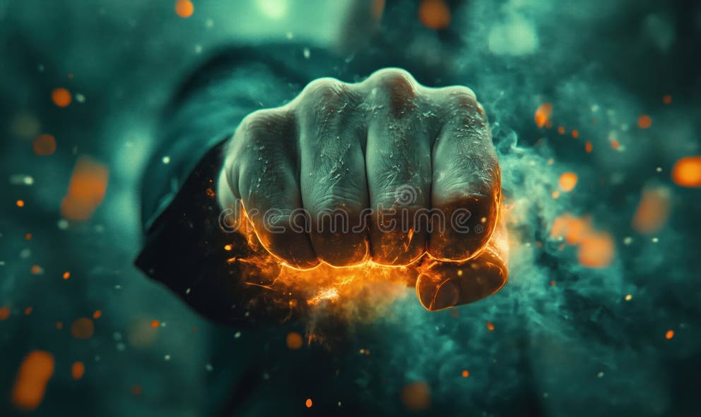 Fist of Fire with Glowing Energy and Smoke Effects in Dramatic Lighting ...