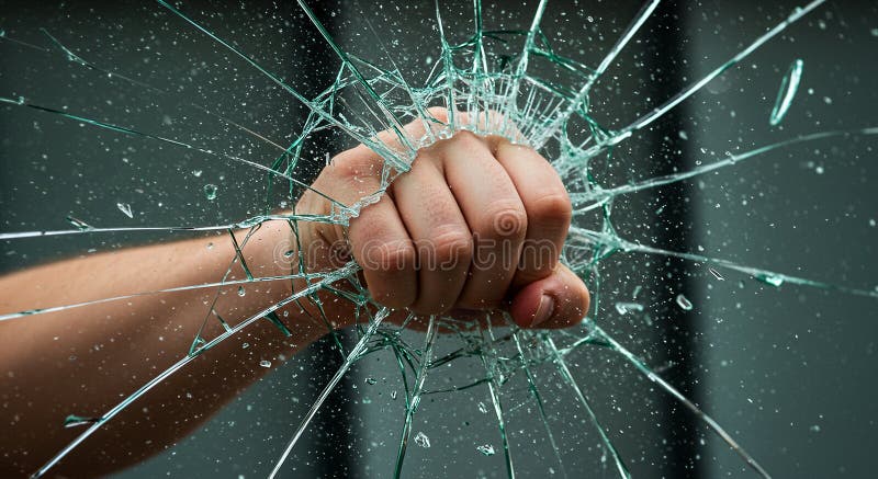 A Fist is Forcefully Thrust through a Sheet of Shattered Glass ...