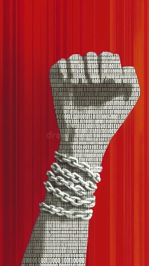 Fist Made of Binary Code Trapped in Chains Symbolizing Censorship Stock ...