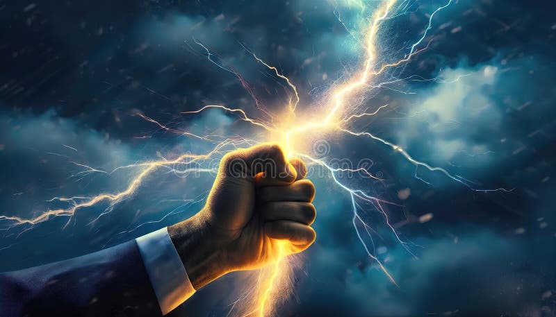 A Fist Punching through a Burst of Lightning and Energy in a Stormy Sky ...