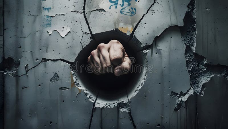 A Fist Punching through a Hole in a Concrete Wall Breaking through ...