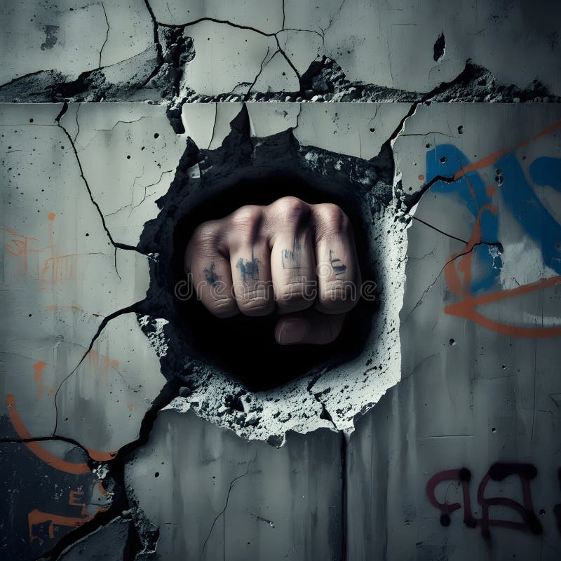 A Fist Punching through a Hole in a Concrete Wall Breaking through ...