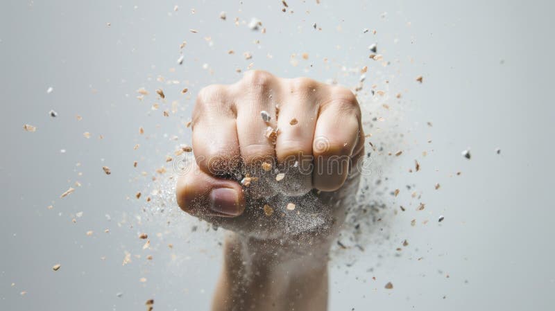 Fist Punching through a Surface with Debris Flying. the Image Captures ...