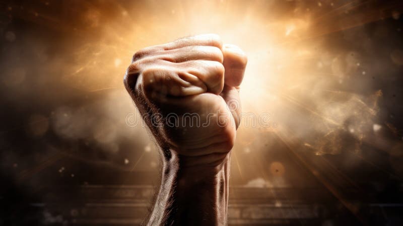 A Fist is Raised Up in the Air with a Bright Light Behind it, AI Stock ...