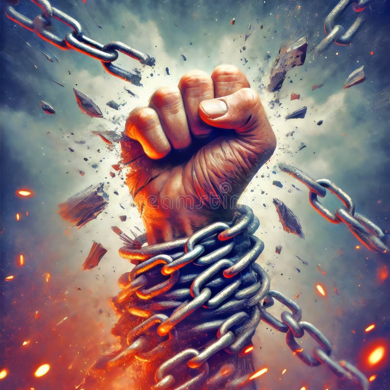 Fist Shattering Chains Amid an Explosive, Fiery Backdrop Stock ...