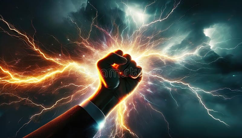 A Fist Punching through an Explosion of Energy and Lightning in a ...