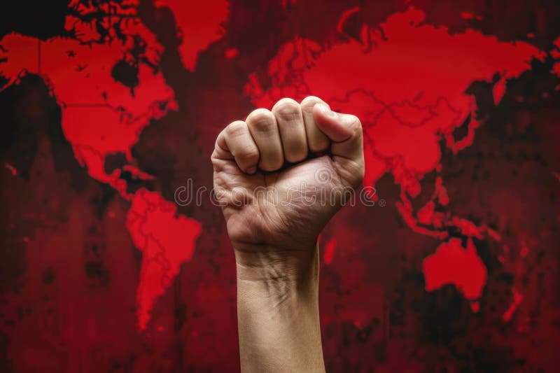 Fist Symbolizing Power and Strength in Front of a World Map. Suitable ...