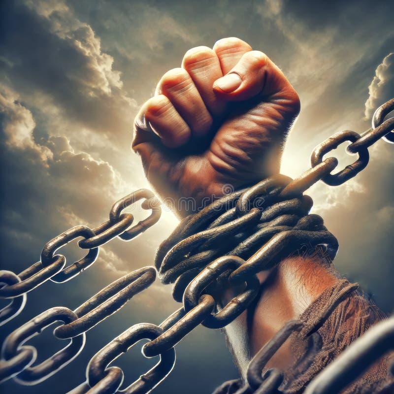 Fist Wrapped in Chains Against a Dramatic Sky Stock Illustration ...