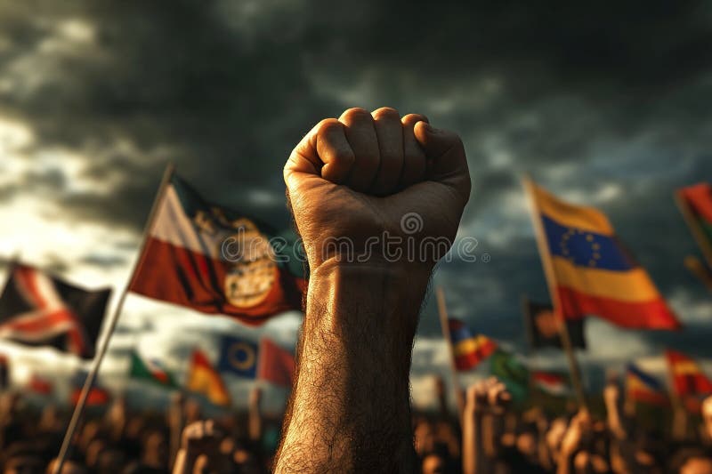 Fists Raised by Crowds of People, Behind Multiple Flags of the World ...