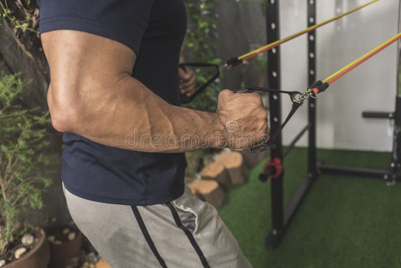 A Fit Anonymous Man Does Standing Back Rows with a Resistance Band at a ...