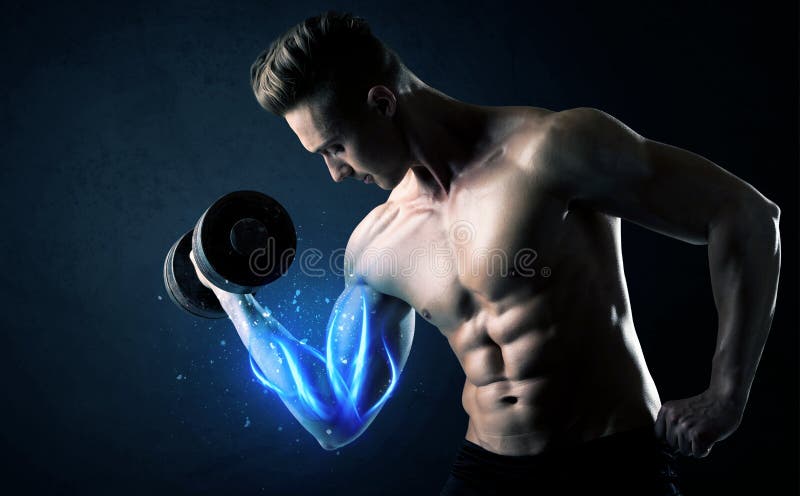 Fit Athlete Lifting Weight With Blue Muscle Light Concept Stock Image ...