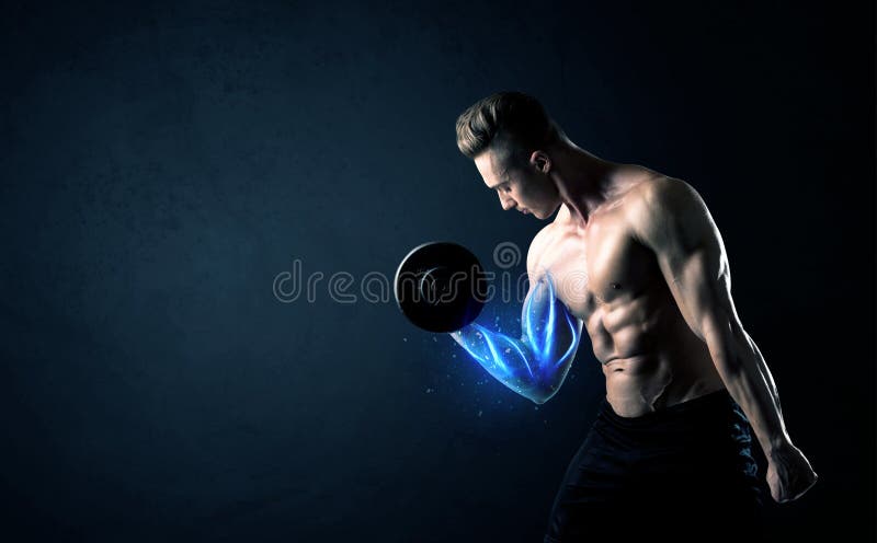 Fit Athlete Lifting Weight with Blue Muscle Light Concept Stock Image ...