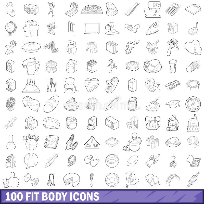 100 Fit Body Icons Set, Outline Style Stock Vector - Illustration of ...