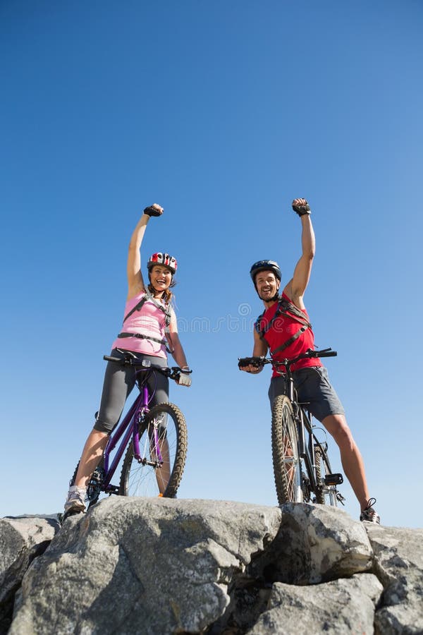 Fit Cyclist Couple Cheering at the Summit Stock Image - Image of ...