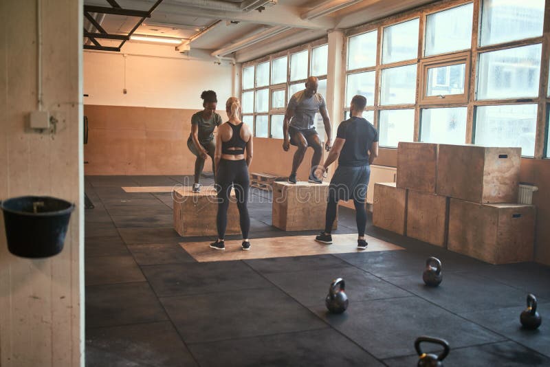 Fit Group of People Doing Box Jumps at the Gym Stock Photo - Image of ...