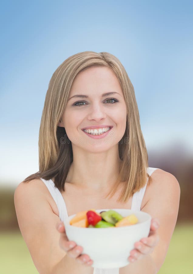 Fit Healthy Woman Holding Fruit in Bowl Stock Photo - Image of ...