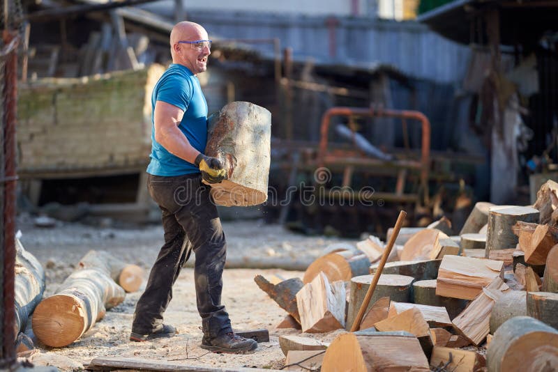 Man Brutal Lumberjack Carry Big Log on Shoulder. Man Brutal Strong ...