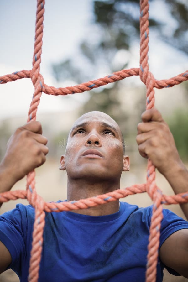Fit Man Climbing a Net during Obstacle Course Stock Image - Image of ...