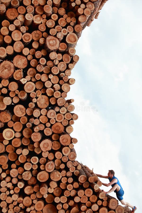 Fit Man Climbing the Pile of Cut Wooden Logs Stock Image - Image of ...