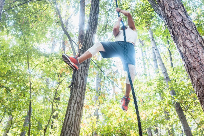Fit Man Climbing Rope in Outdoor Gym Stock Image - Image of attractive ...