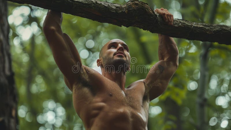 A Man Exercises on a Tree Branch, Demonstrating Strength and ...
