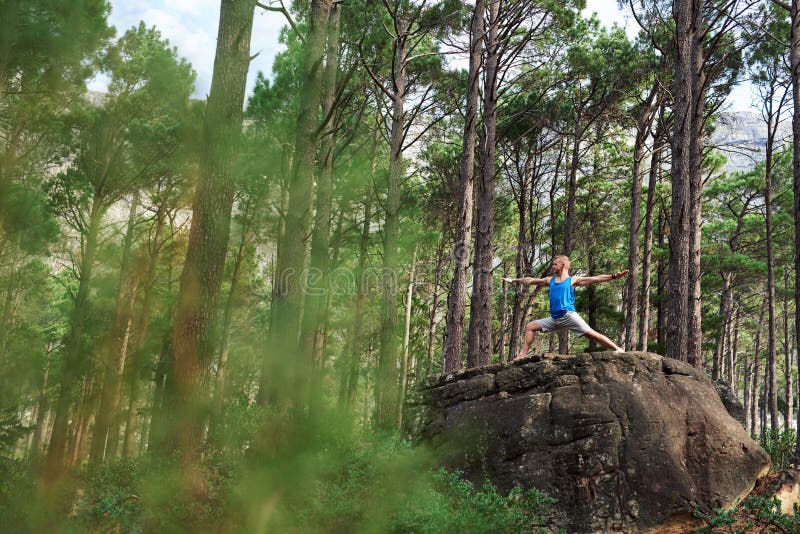 Fit Man Doing the Warrior Pose Alone in a Forest Stock Image - Image of ...
