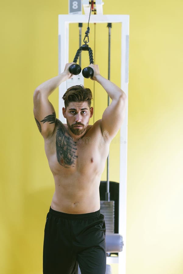 Fit Man on Lat Pull Down Machine at the Health Club. Work Out on Pull ...