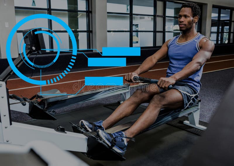 Fit Man Performing Seated Row Exercise in Gym with Fitness Interface ...