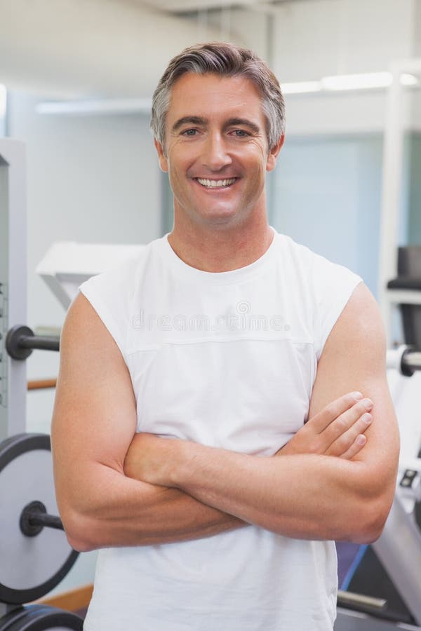 Fit Man Smiling at Camera in Fitness Studio Stock Image - Image of ...