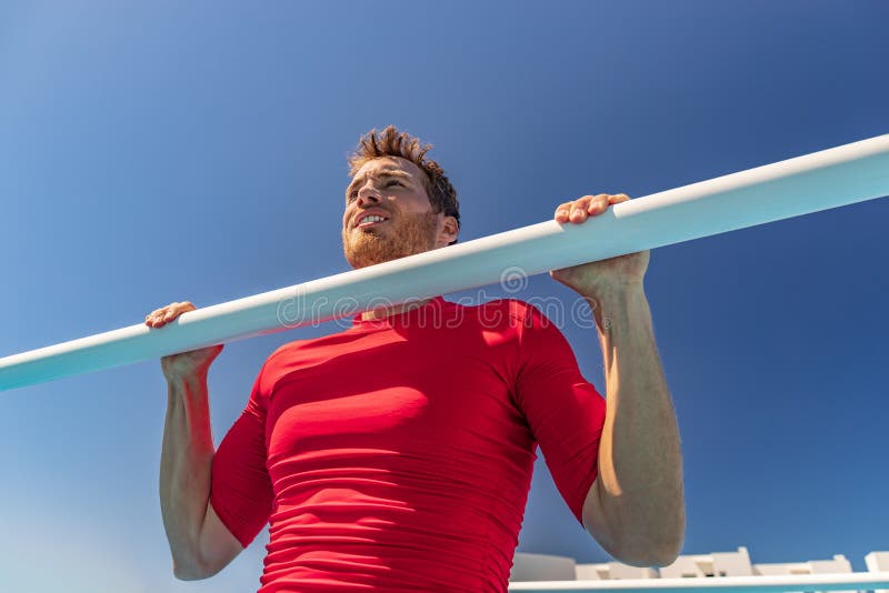 Fit Man Training Arched Back Pull Up on Bar Gym Workout Shoulder ...