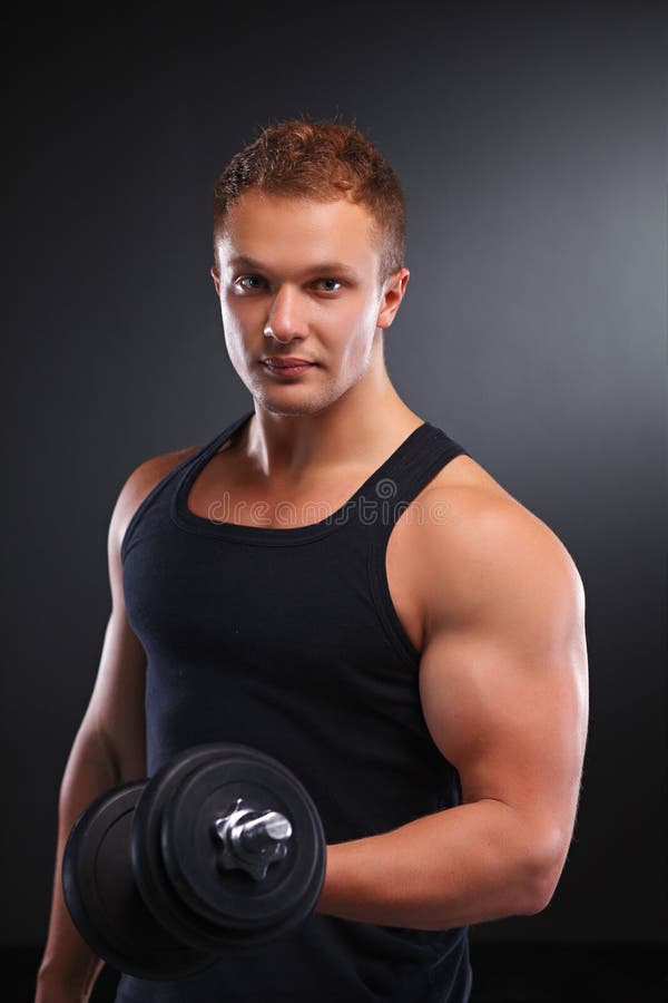 Fit Muscular Man Exercising with Dumbbell Stock Image - Image of hand ...
