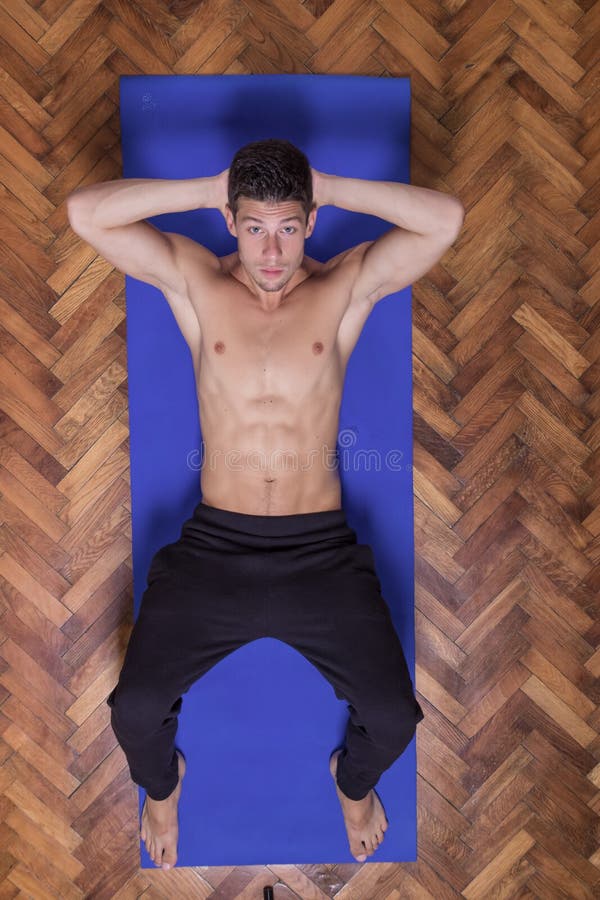 Fit Slim Abs Young Beautiful Man Looking Up Elevated View Exercize ...