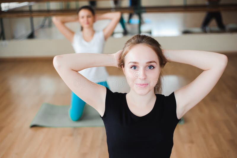 Fit Smiling Group Doing Exercise in Gym. Stock Photo - Image of fatigue ...