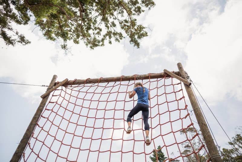 Fit Woman Climbing Down the Net during Obstacle Course Stock Photo ...
