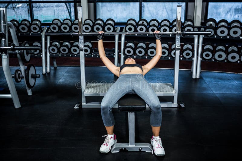 Fit Woman Lifting Barbell while Lying on Bench Stock Image - Image of ...