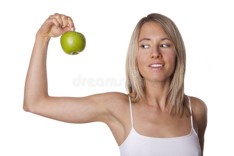 Fit woman shows apple stock photo. Image of white, lovely - 26234900