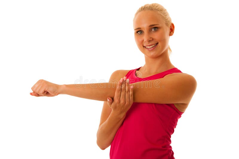 Fit Woman Stretch Arm Isolated Over White Stock Photo - Image of ...